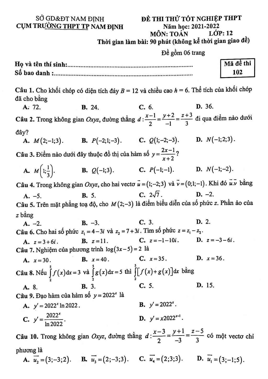 Đề thi thử tốt nghiệp THPT 2022 môn Toán cụm trường THPT TP Nam Định